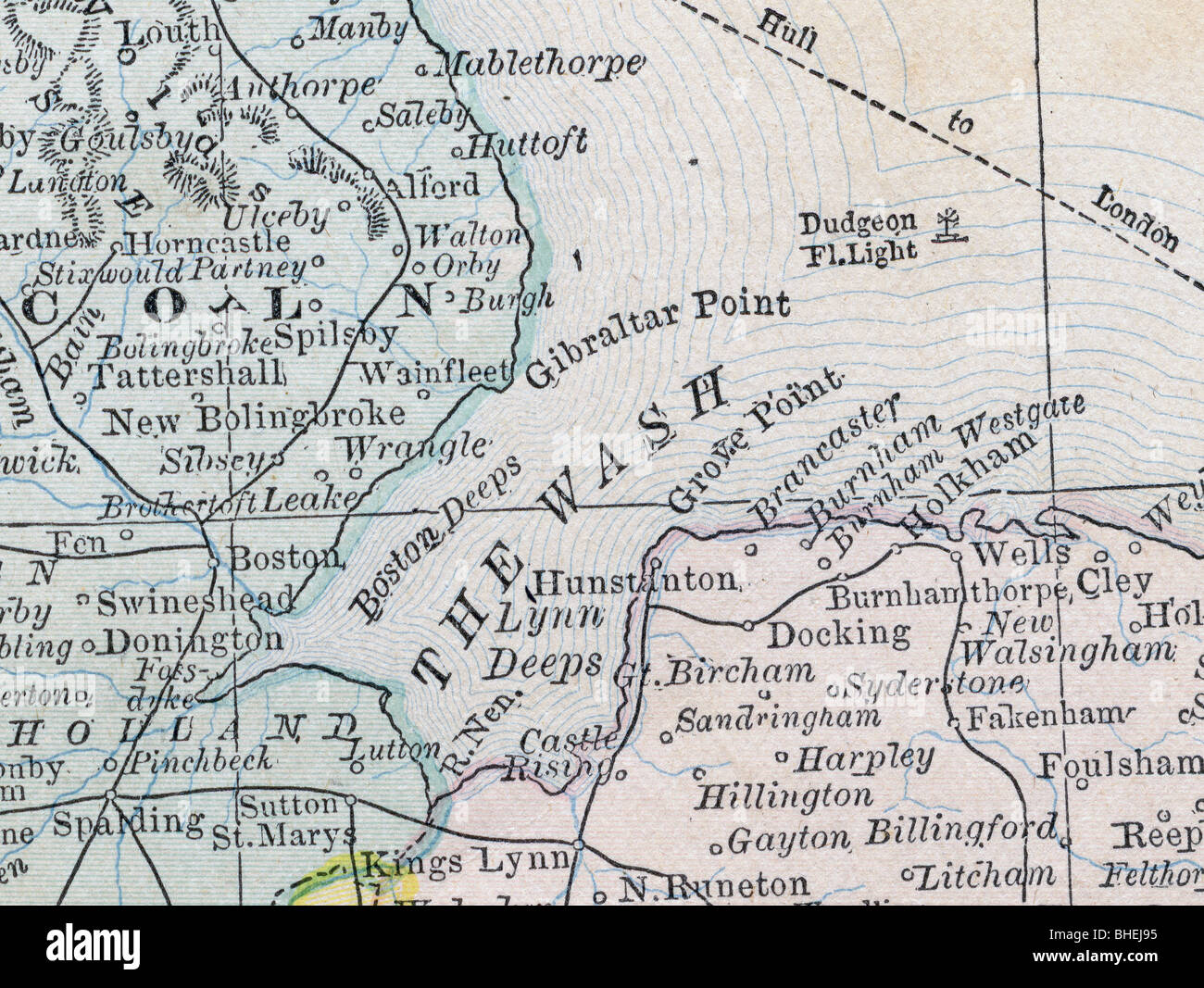 Old map of The Wash estuary from original geography textbook, 1884 ...