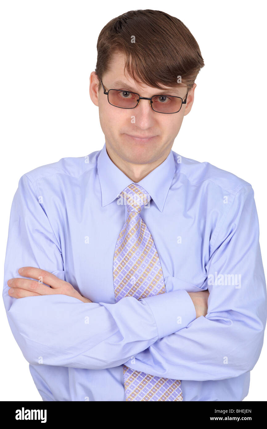 A skeptical young man in spectacles on white background Stock Photo - Alamy