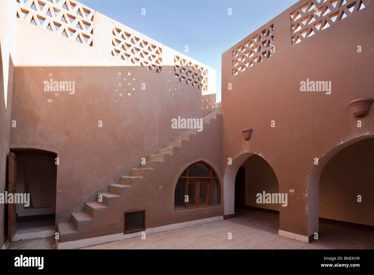 view of courtyard of villa, Hassan Fathy designed village of New Baris ...