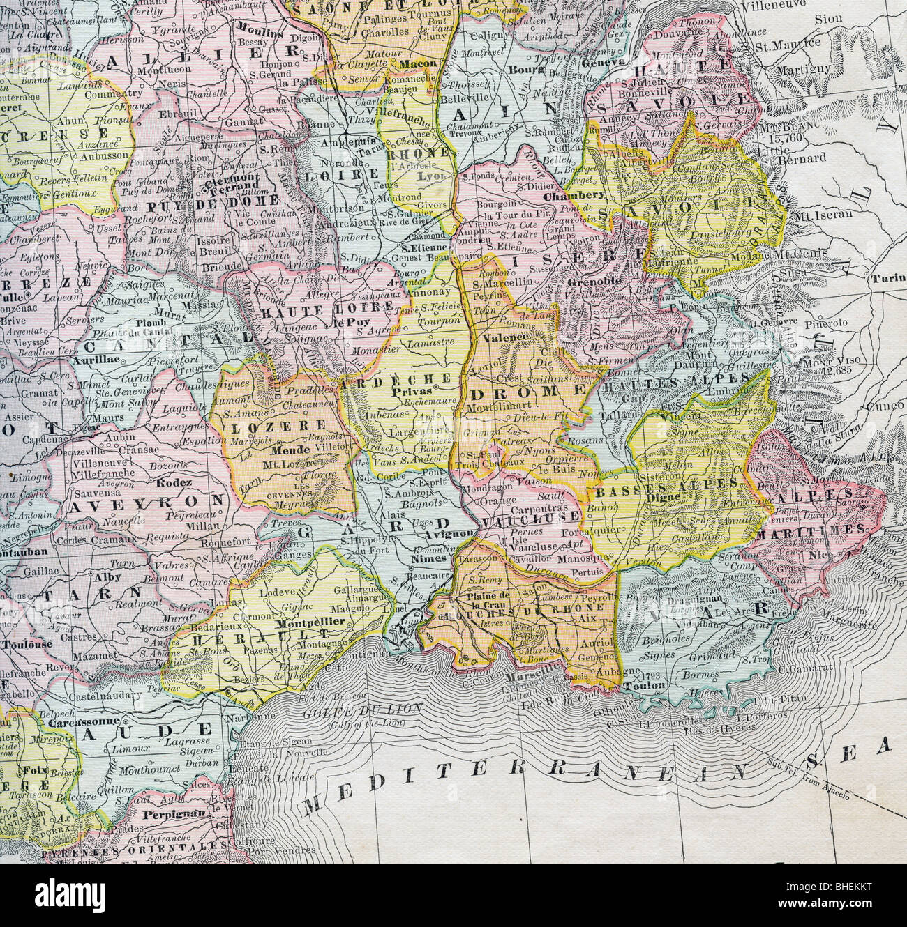 Old map of Southeastern France from original geography textbook, 1884 ...
