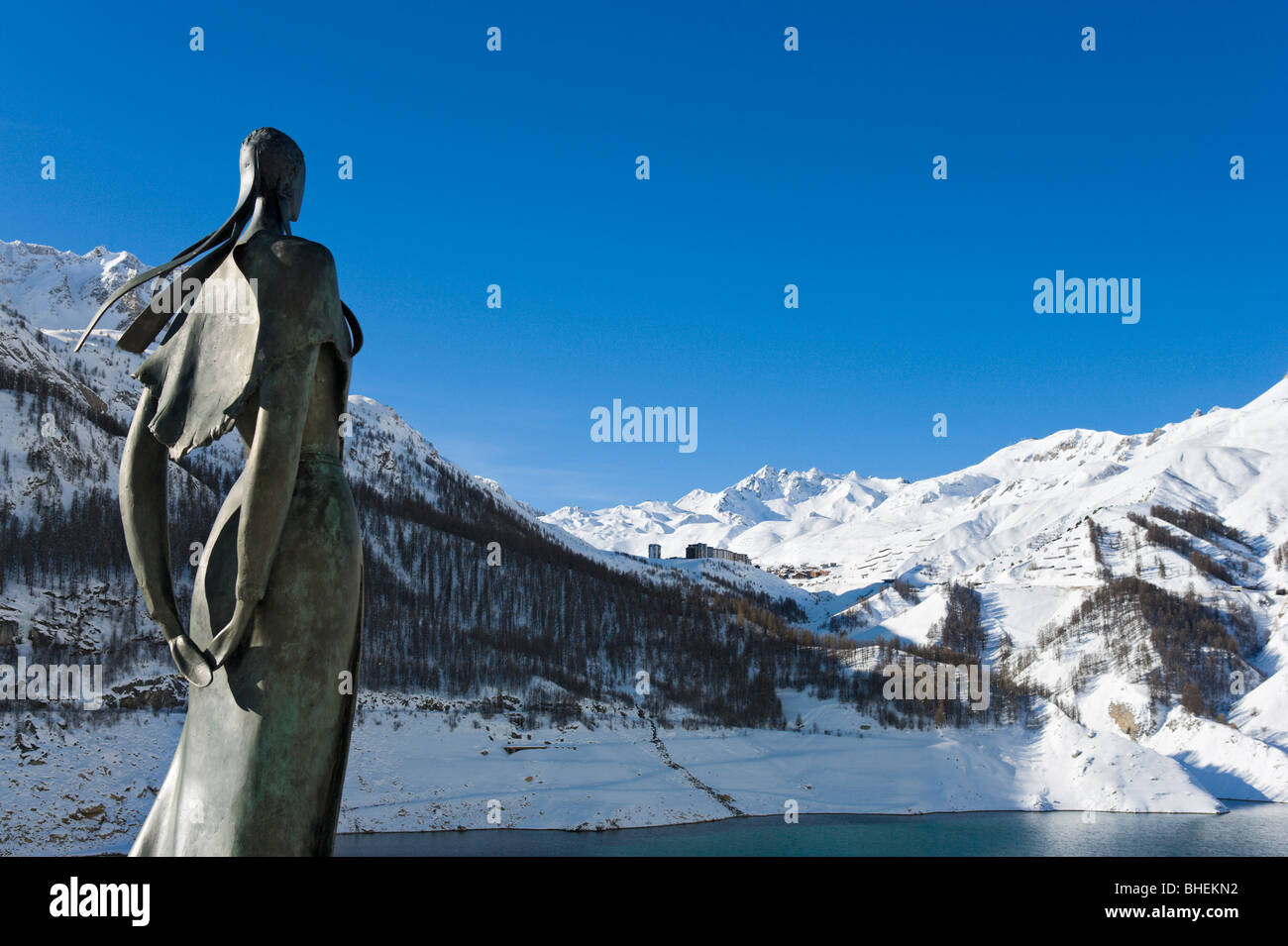 View of Tignes from the Val d'Isere road looking over Lake Chevril ...