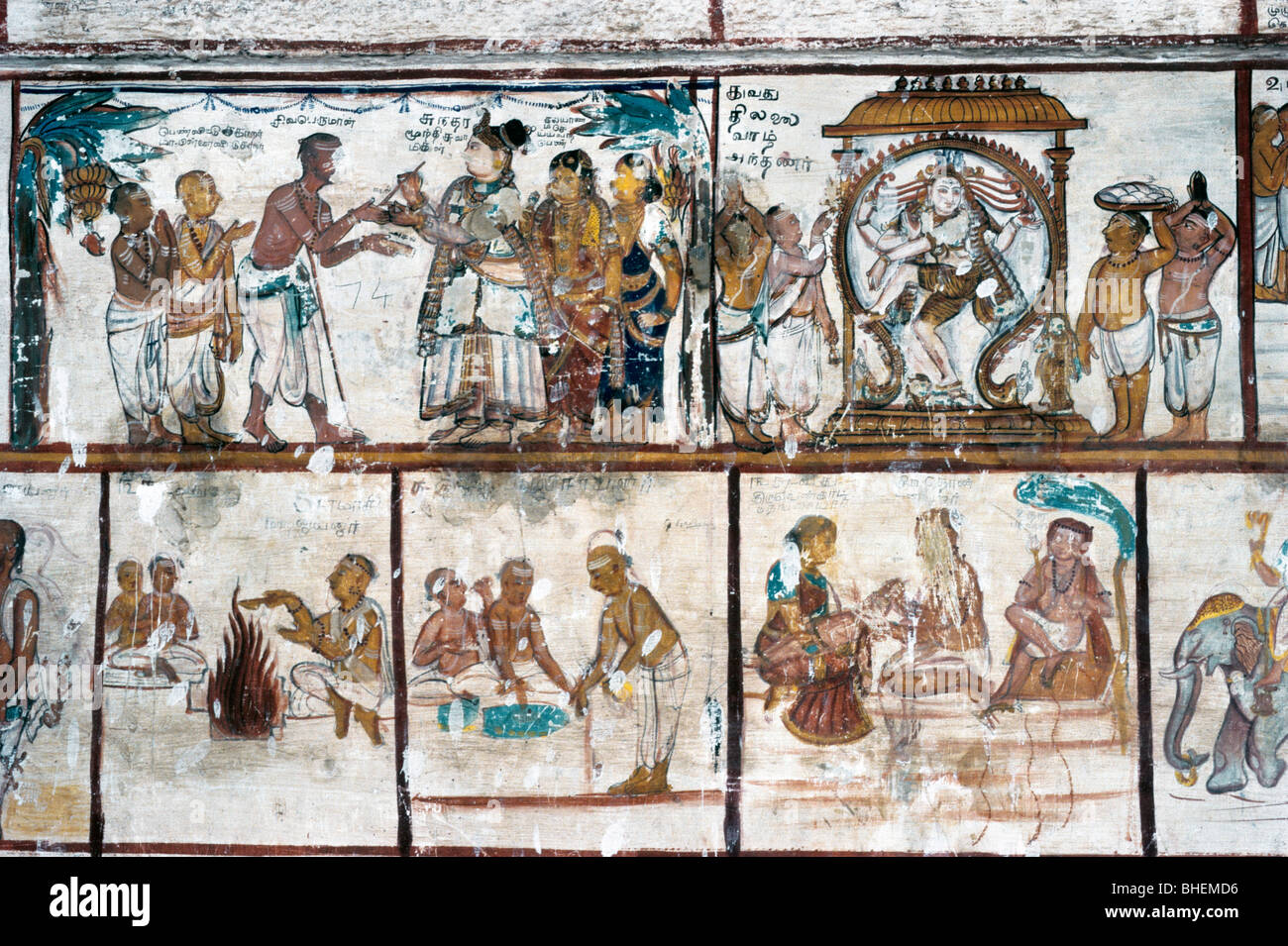 Sixttenth century murals on the walls in Vedaranyam Siva temple near ...