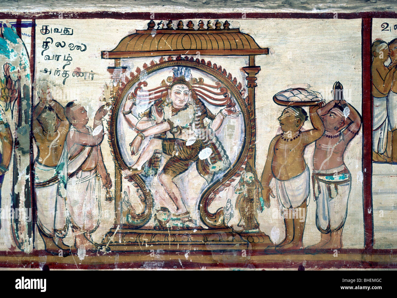 Sixttenth century murals on the walls in Vedaranyam Siva temple near ...