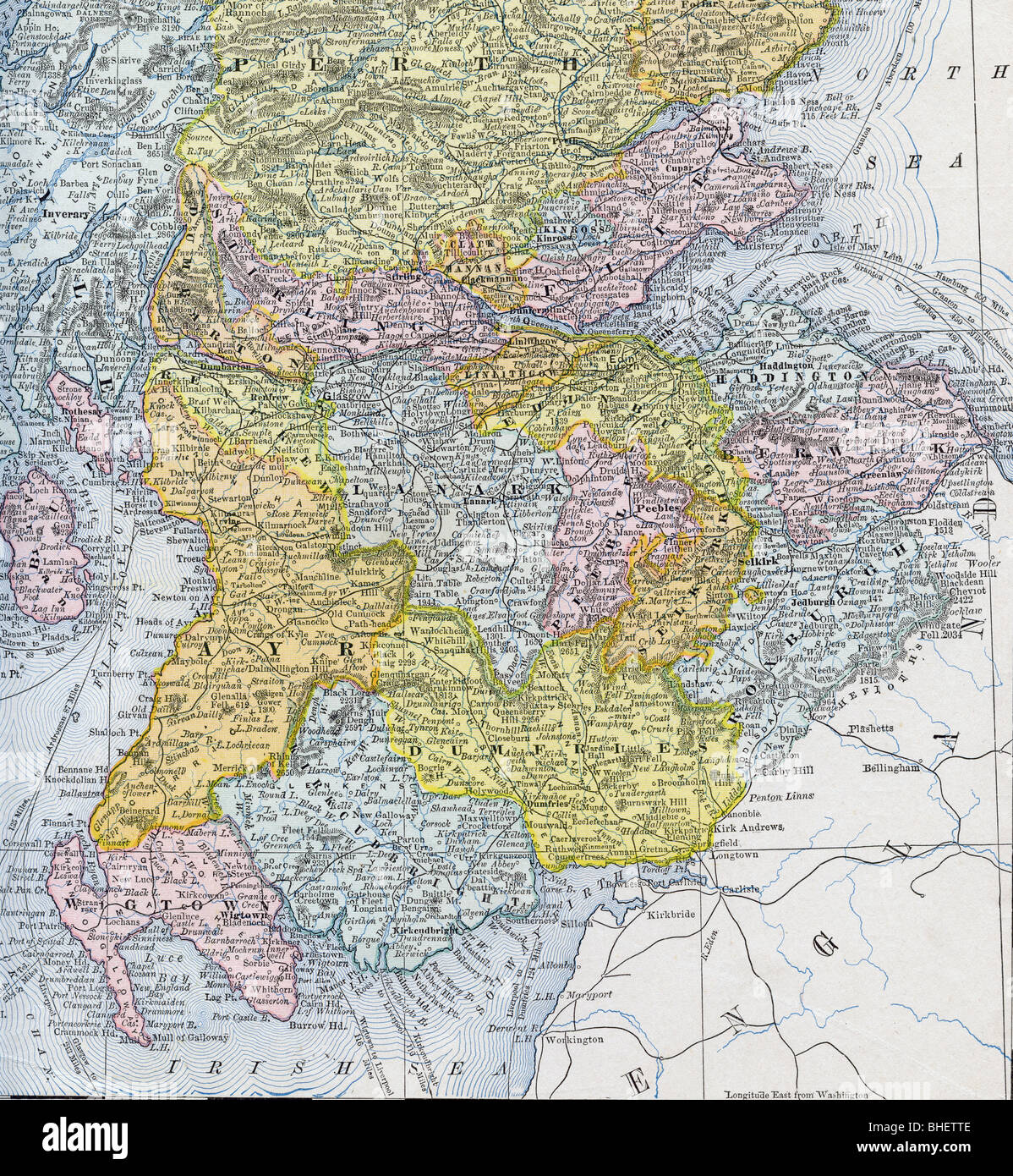 Old map of Lowlands (Scotland) from original geography textbook, 1884 ...