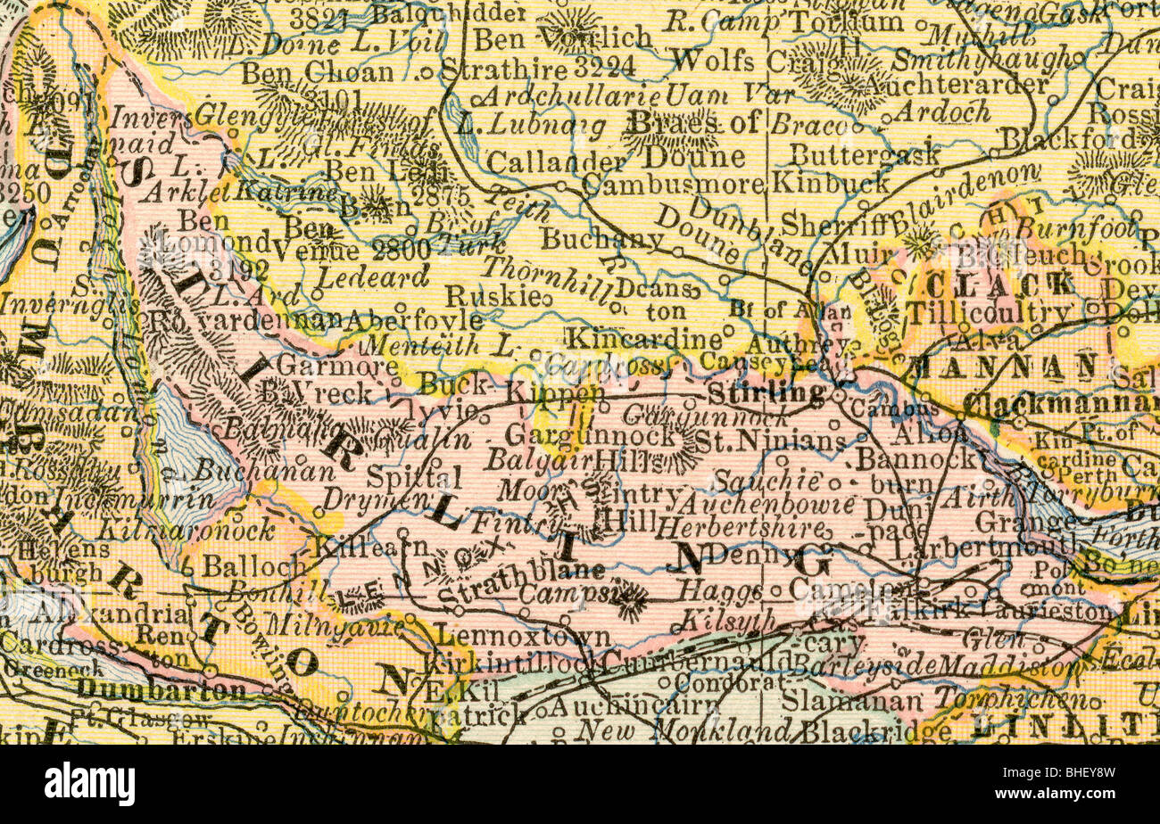 Old map of Stirling County from original geography textbook, 1884 Stock ...