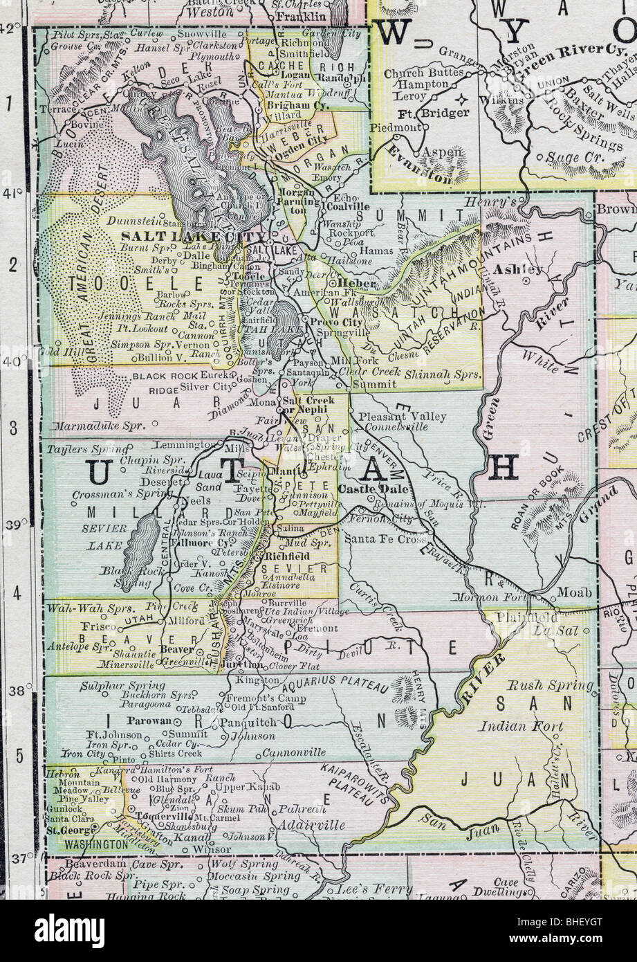 Old map of Utah from original geography textbook, 1884 Stock Photo - Alamy