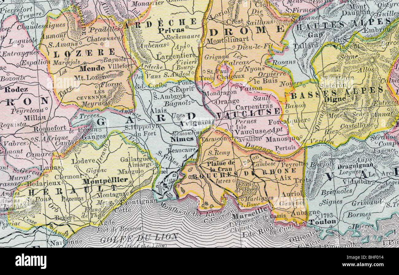 Old map of Provence from original geography textbook, 1884 Stock Photo ...
