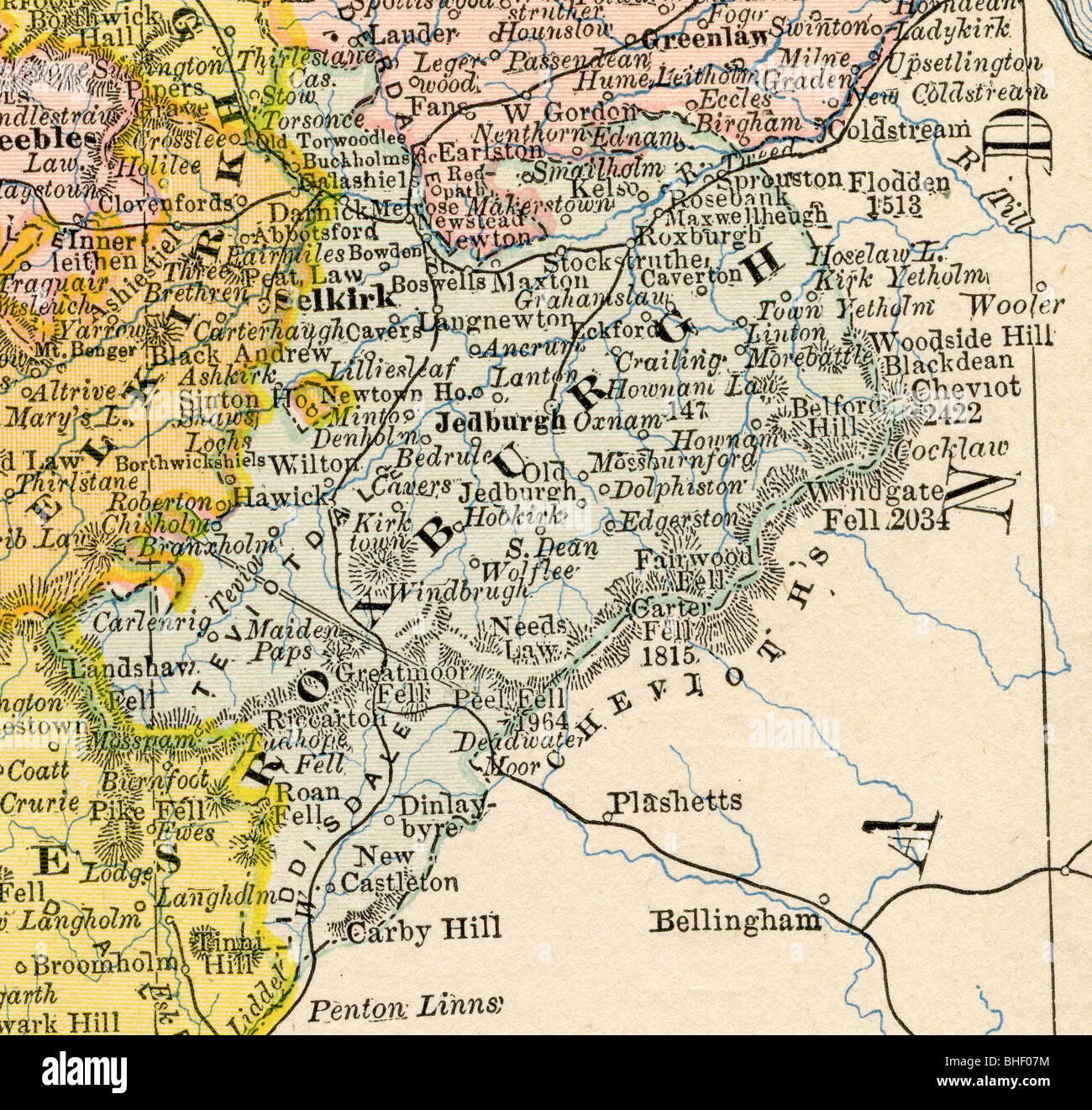 Old map of Roxburgh County (Scotland) from original geography textbook ...