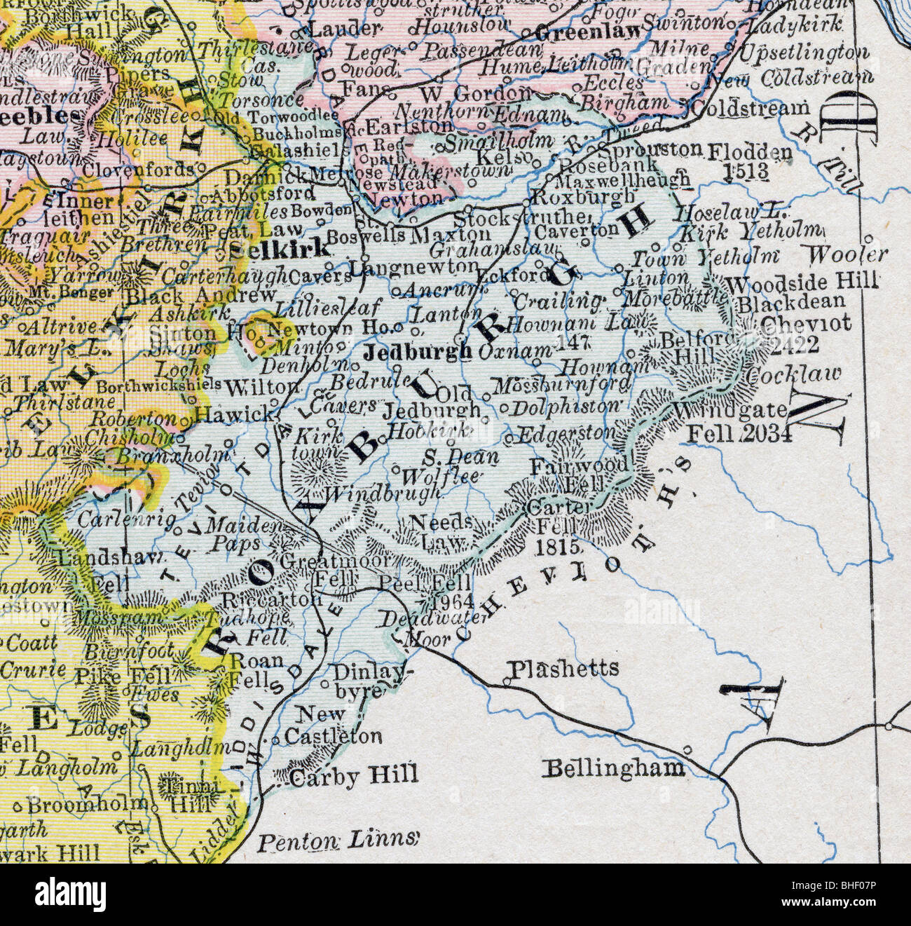 Old map of Roxburgh County (Scotland) from original geography textbook ...