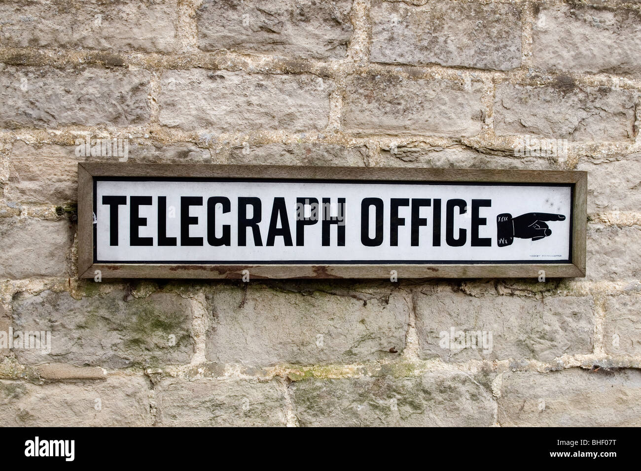 A old enamel sign with a finger pointing to the Telegraph Office Stock ...