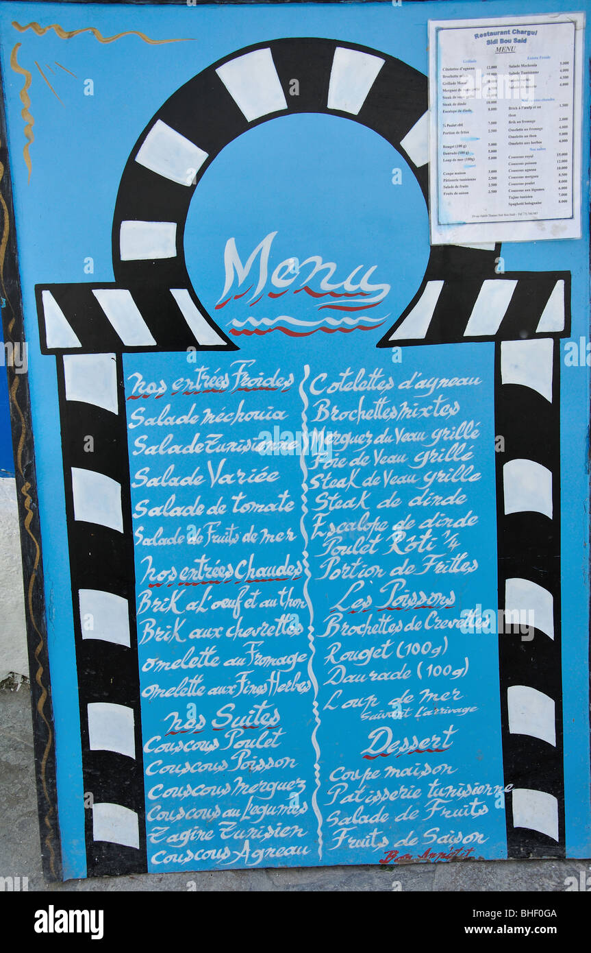 Restaurant menu, Sidi Bou Said, Tunis Governorate, Tunisia Stock Photo ...