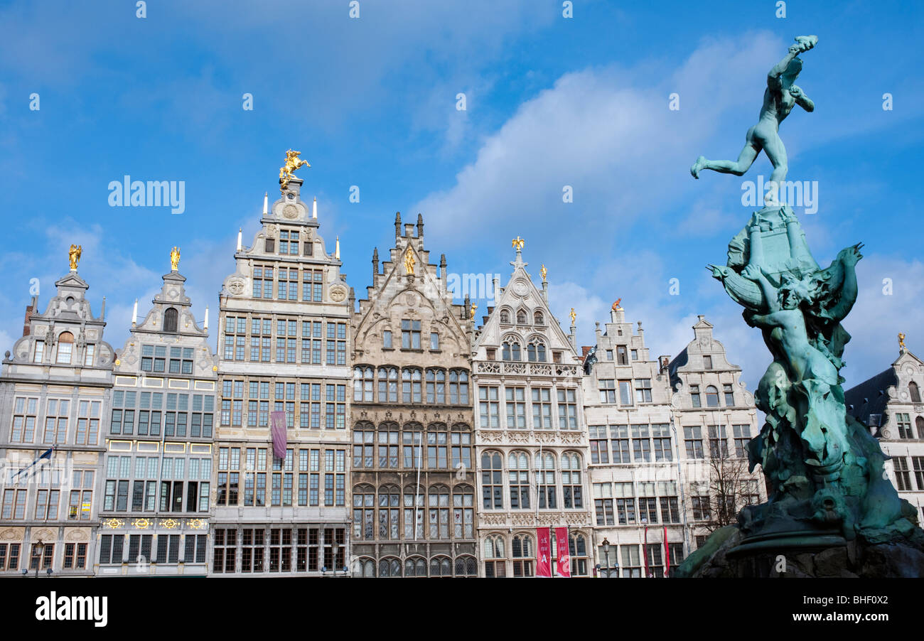 Antwerp; Brabo fountain and historic buildings in Grote Markt square in ...