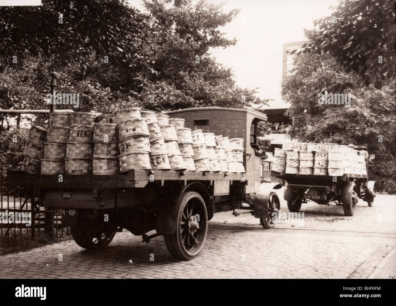 Arrival of open-backed lorries carrying fruit, York, Yorkshire, 1920 ...