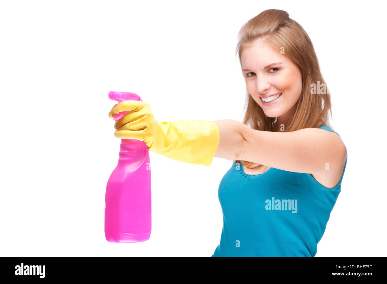 Full isolated studio picture from a young and beautiful cleaning lady ...