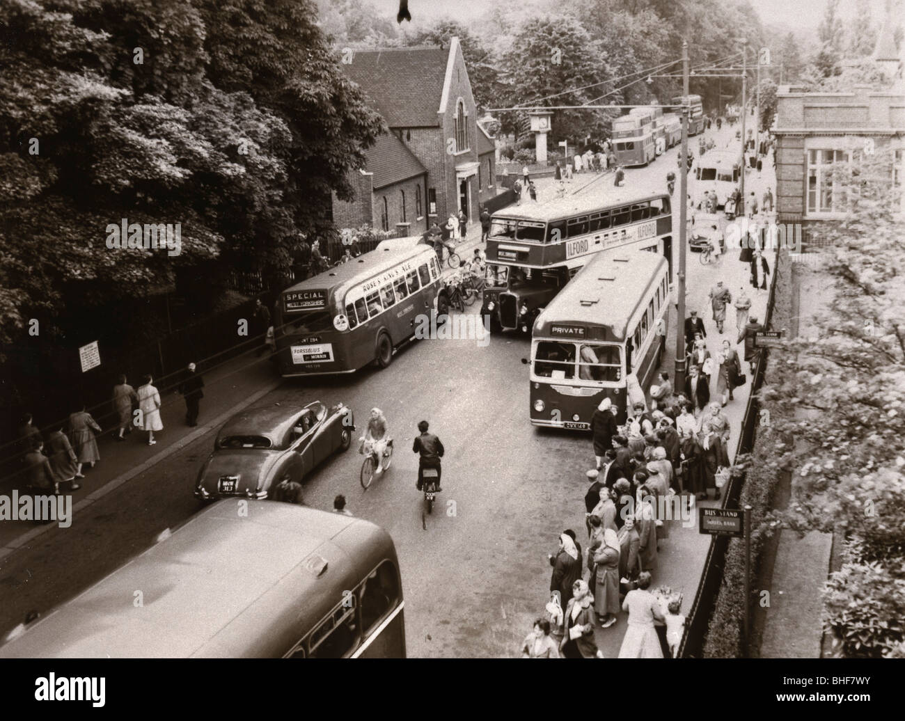 Staff leaving work, Rowntree factory, York, Yorkshire, 1961. Artist ...