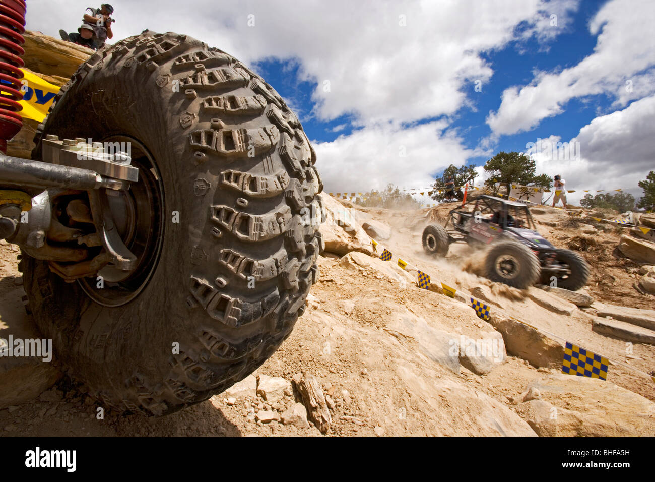 View of a racecar tyre in a Rock Crawling Race where a racing car is ...