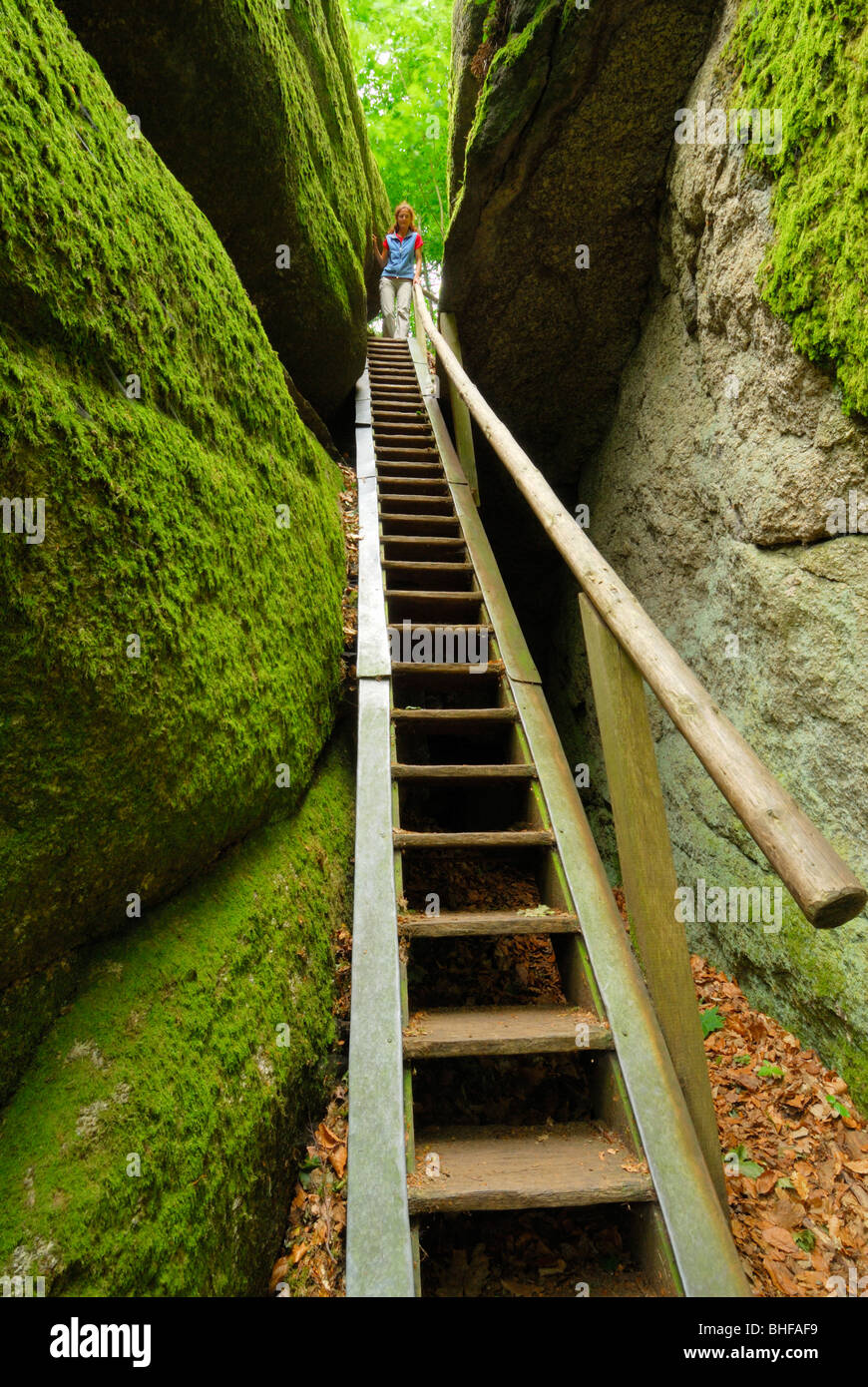 Woman an staircase, Felsenpark, castle Falkenstein, Bavarian Forest ...