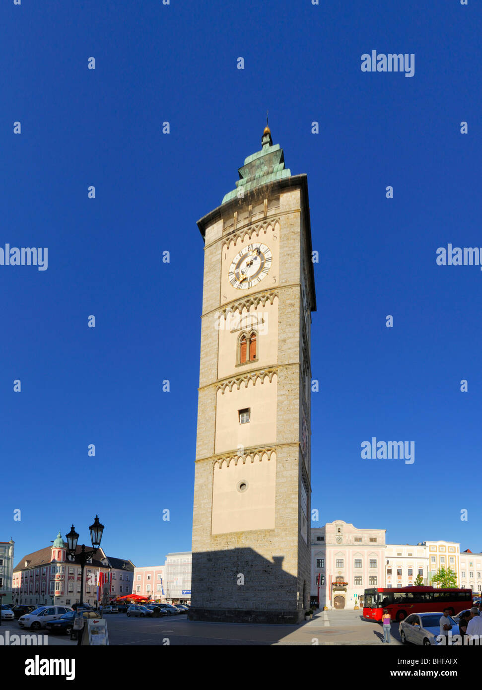 City tower and city square, Enns, Upper Austria, Austria Stock Photo ...