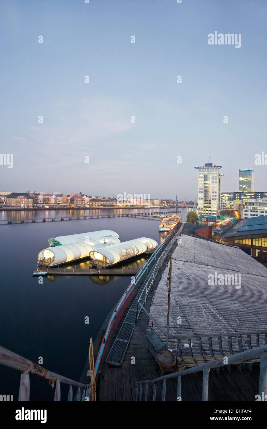 Badeschiff, floating swimming pool. In the foreground a former East ...