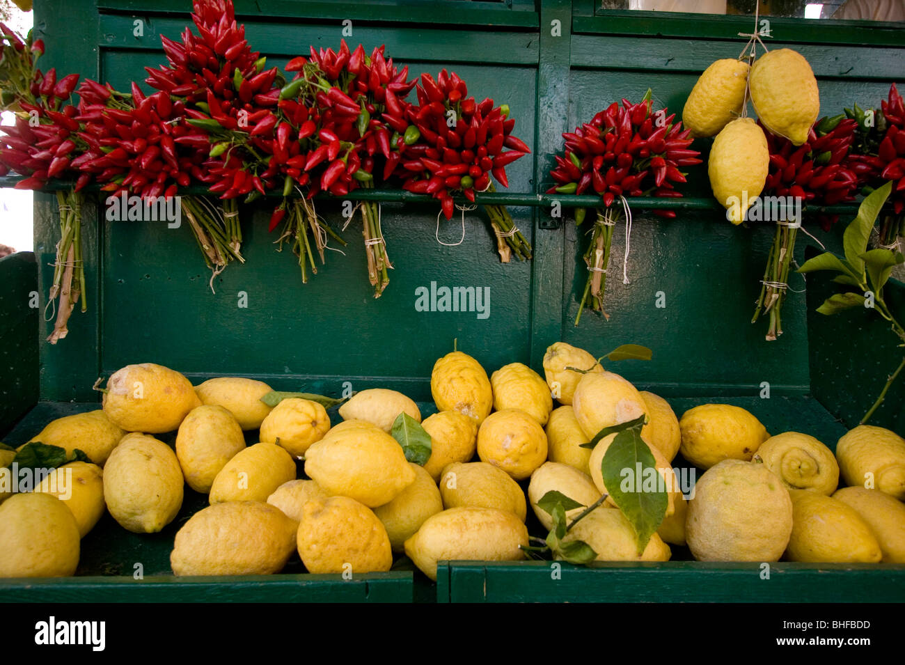 Lemons and chilis at a sales stand, Lake Garda, Italy, Europe Stock ...