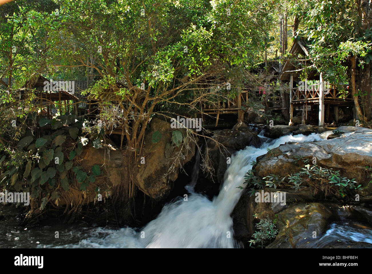 Restaurant next to a waterfall, Mae Rim Valley, Province Chiang Mai ...