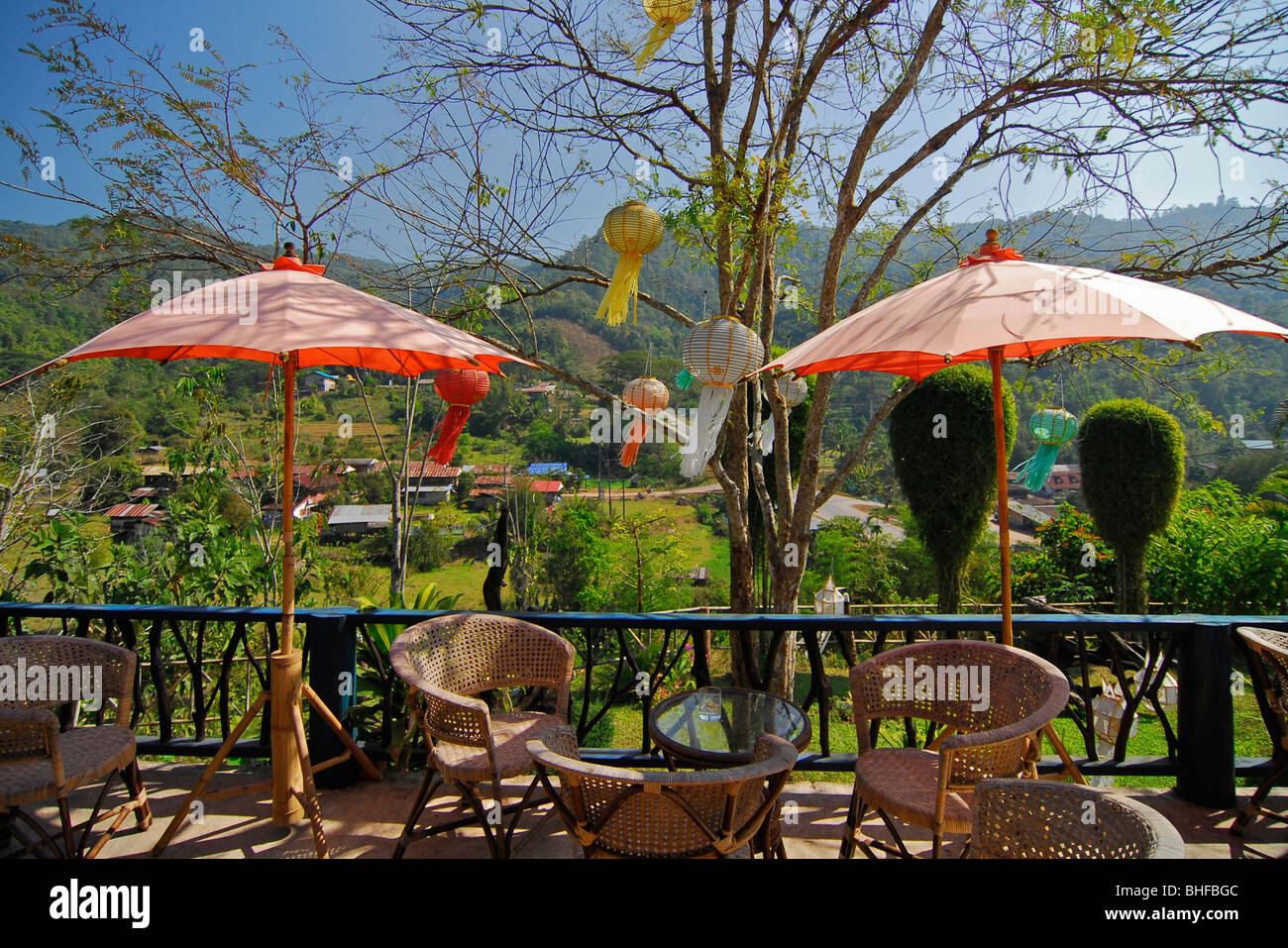 Terrace tables and chairs and view, Boklua Riverview Hotel and ...