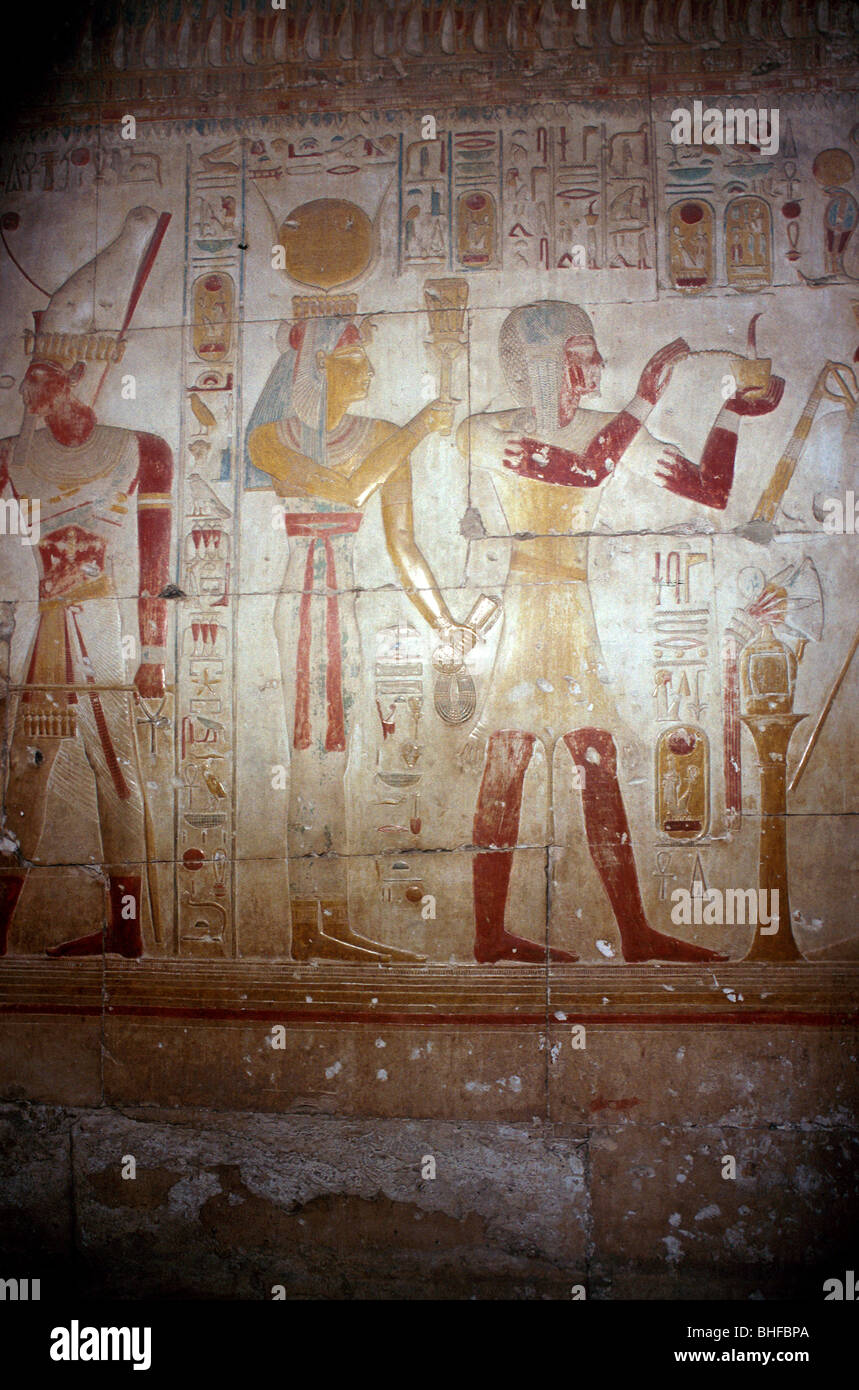 Painted relief of Sethos and Isis-Hathor, Temple of Sethos I, Abydos ...