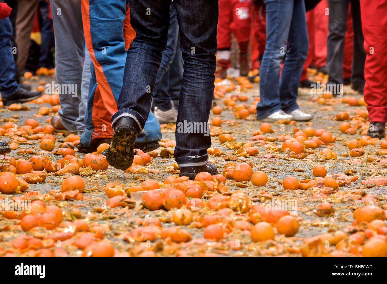 The Battle of Oranges, Ivrea Carnival - smashed oranges covering the ...