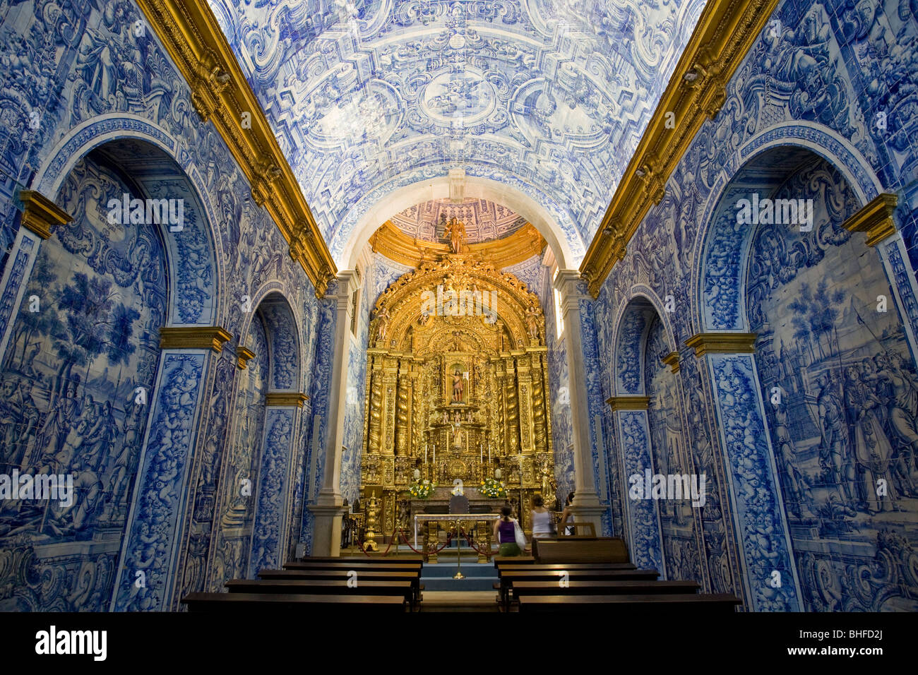 Interior view of church, Igreja Sao Lourenco, blue tiles and golden ...