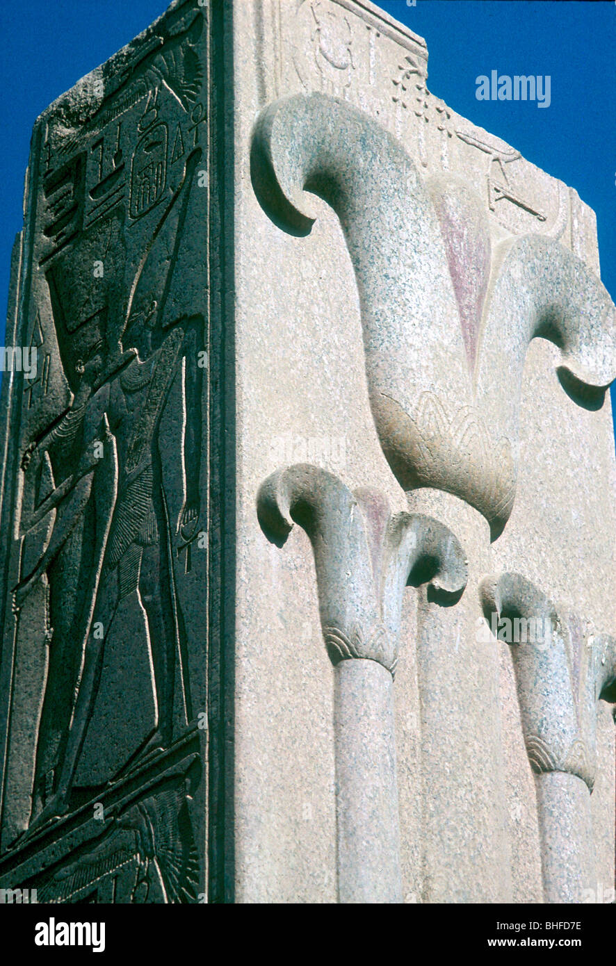 Closeup of stylised lotus plants on a column, Temple of Amun, Karnak ...