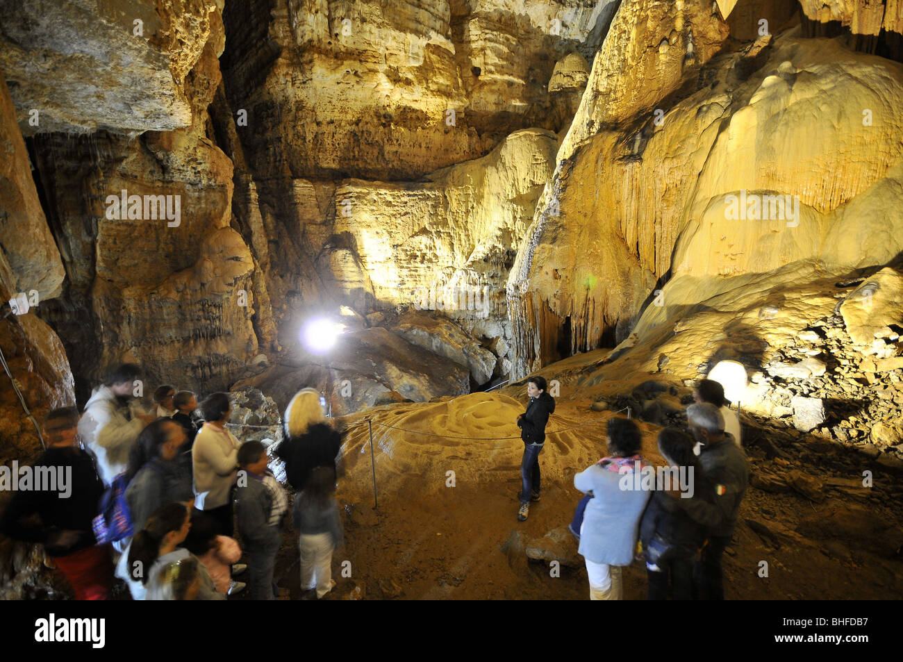 Tourists at the illuminated cave Grotta su Marmuri in the Gennargentu ...