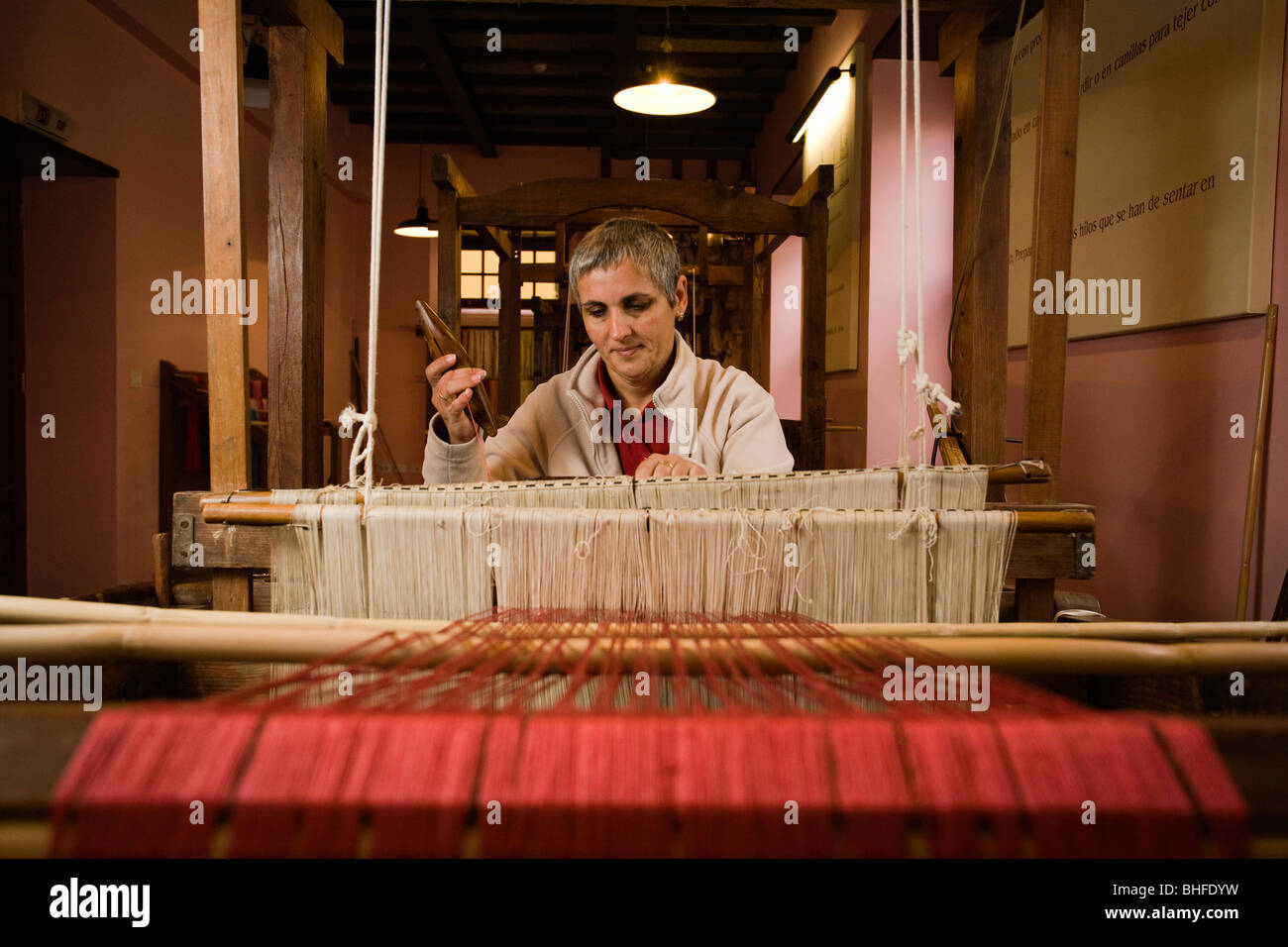 Female silk weaver sitting at a hand loom, workshop, Las Hiladeras El ...