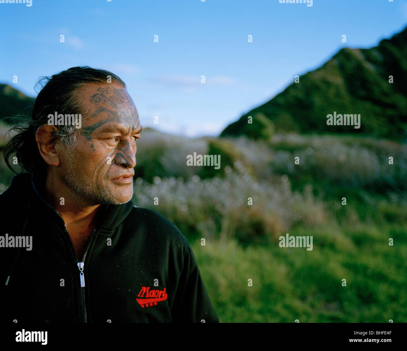 Mature Maori man with facial tatoo, Te Araroa, Eastcape, North Island ...