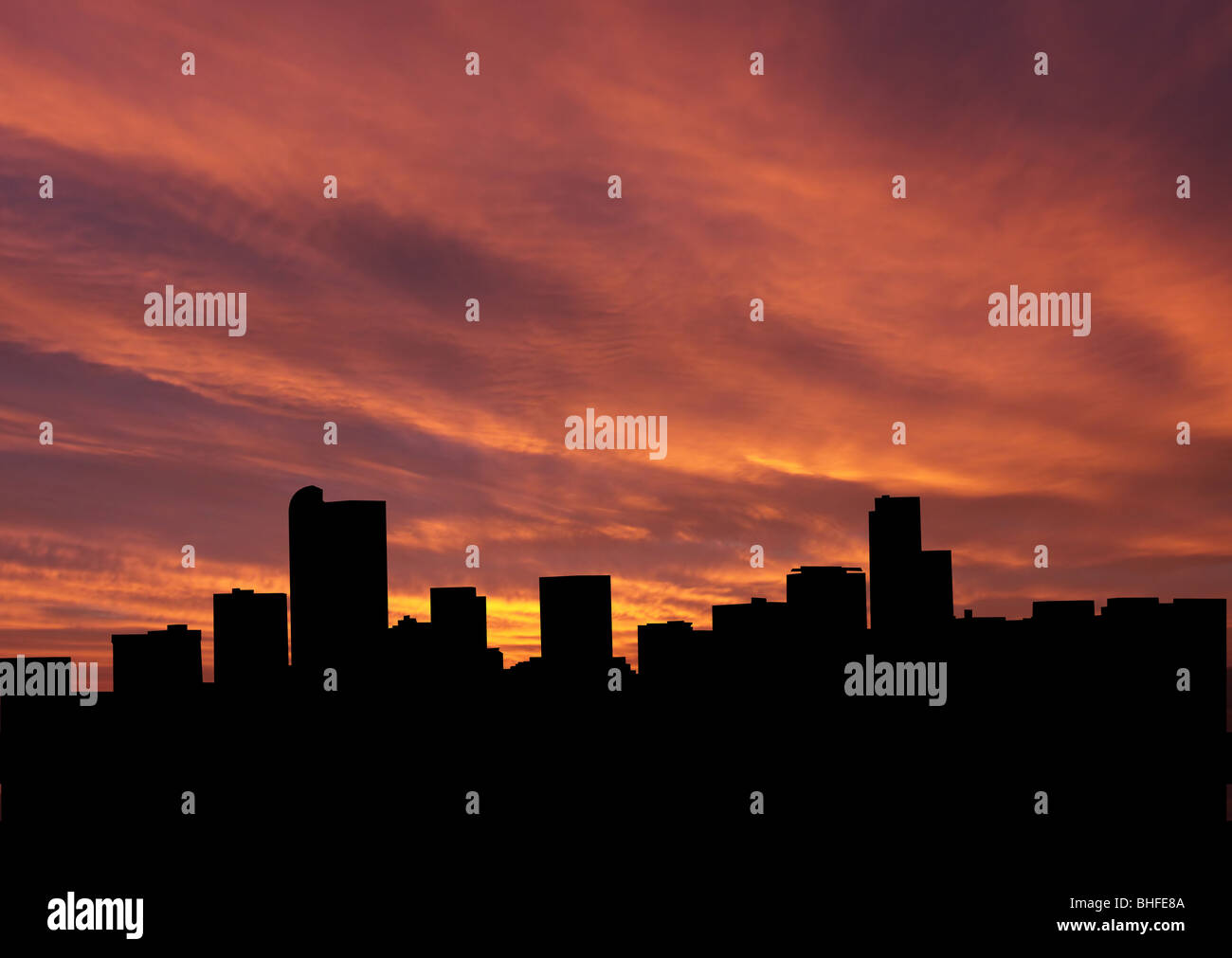 Denver skyline at sunset with beautiful sky illustration Stock Photo ...