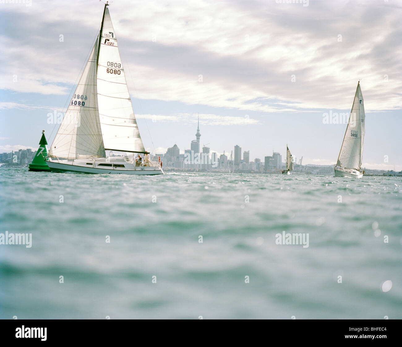 Sailing boats under clouded skin front of Waitemata Harbour, Auckland ...