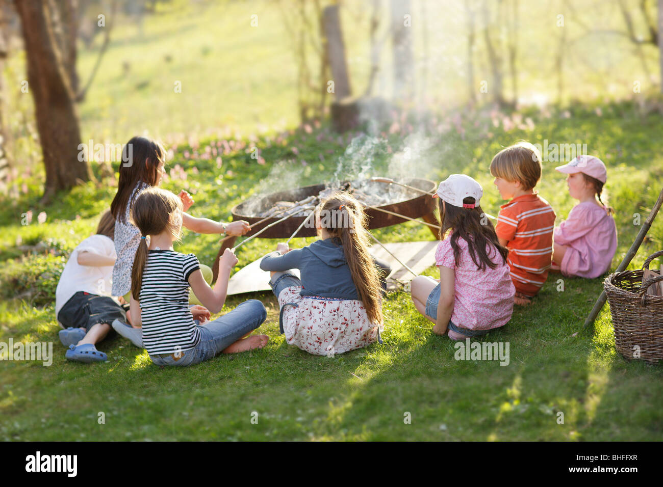 Children barbecueing sausages, Munsing, Bavaria, Germany Stock Photo ...