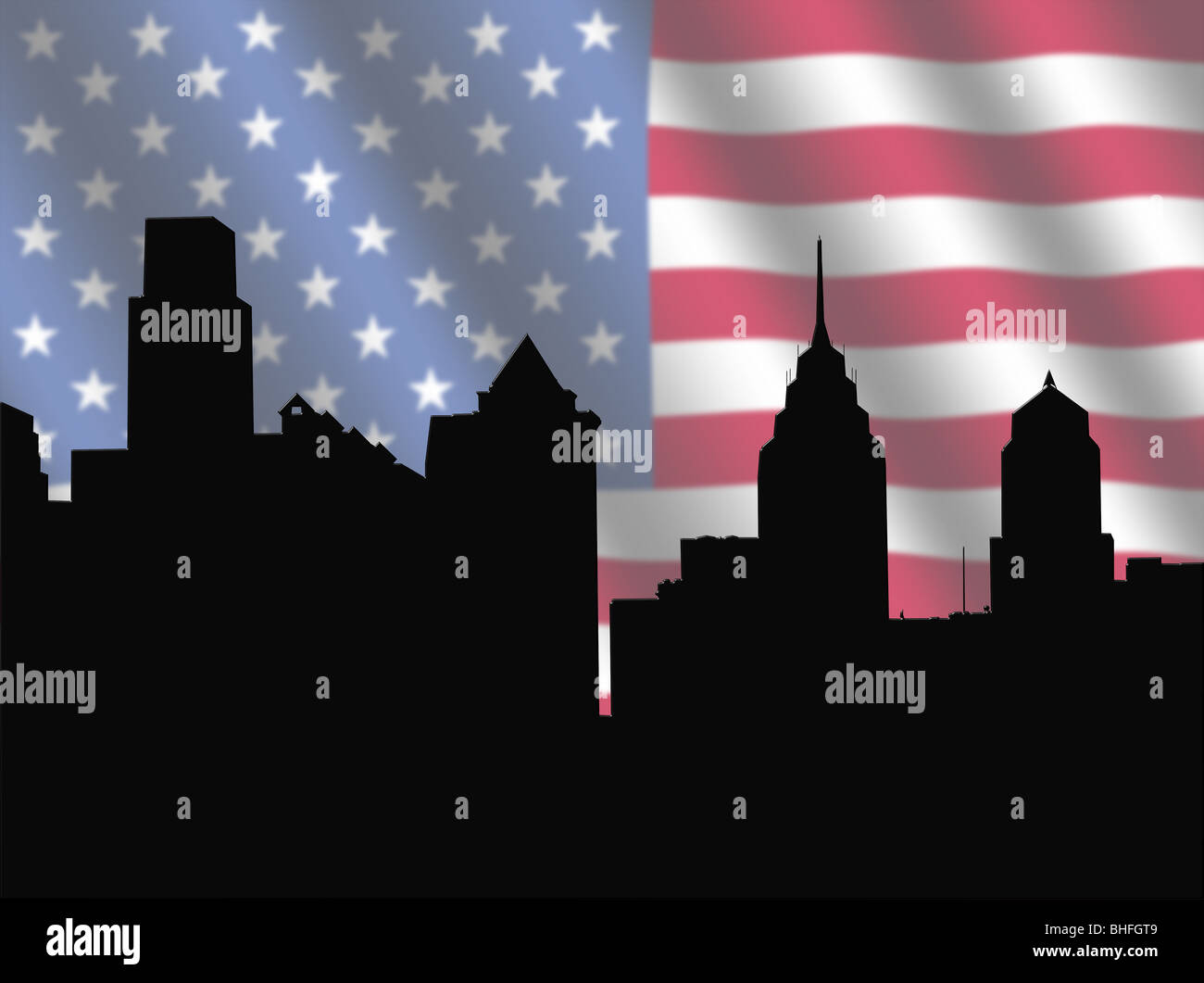 Philadelphia skyline against blurred American Flag illustration Stock ...
