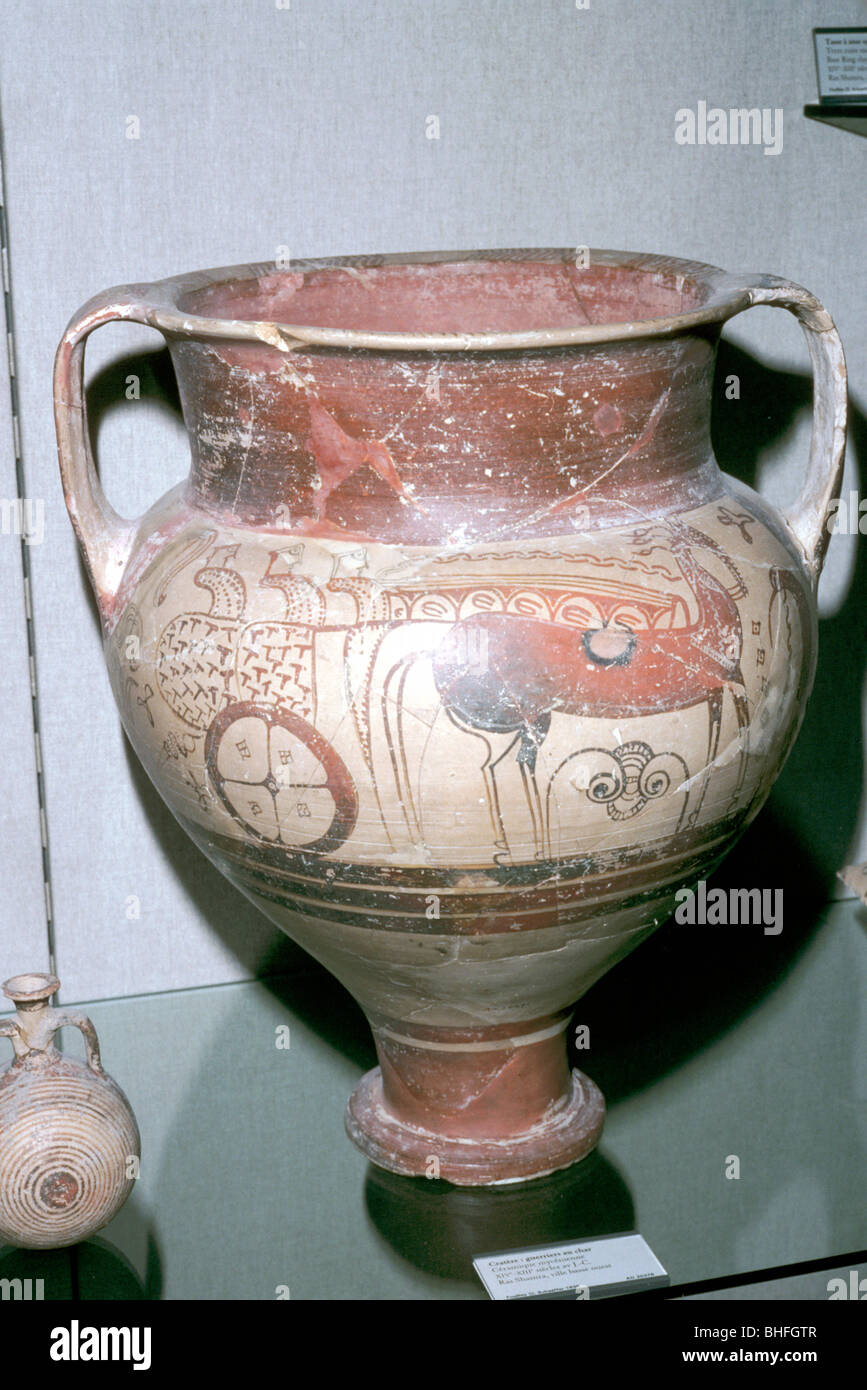 Mycenaean crater with warriors in a chariot motif, Ras Shamra, Syria ...