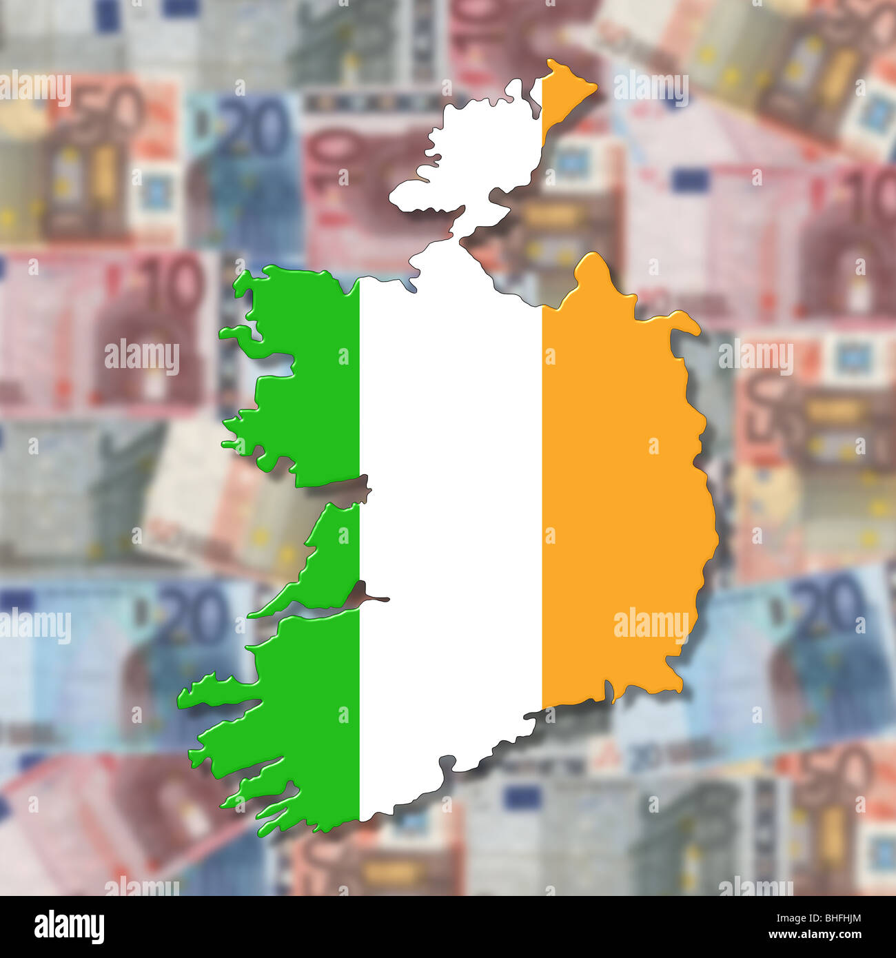 Ireland Map flag on blurred euro currency illustration Stock Photo - Alamy