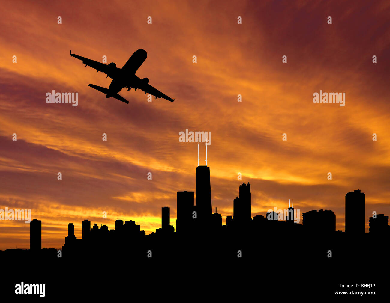 plane departing Chicago at sunset illustration Stock Photo - Alamy