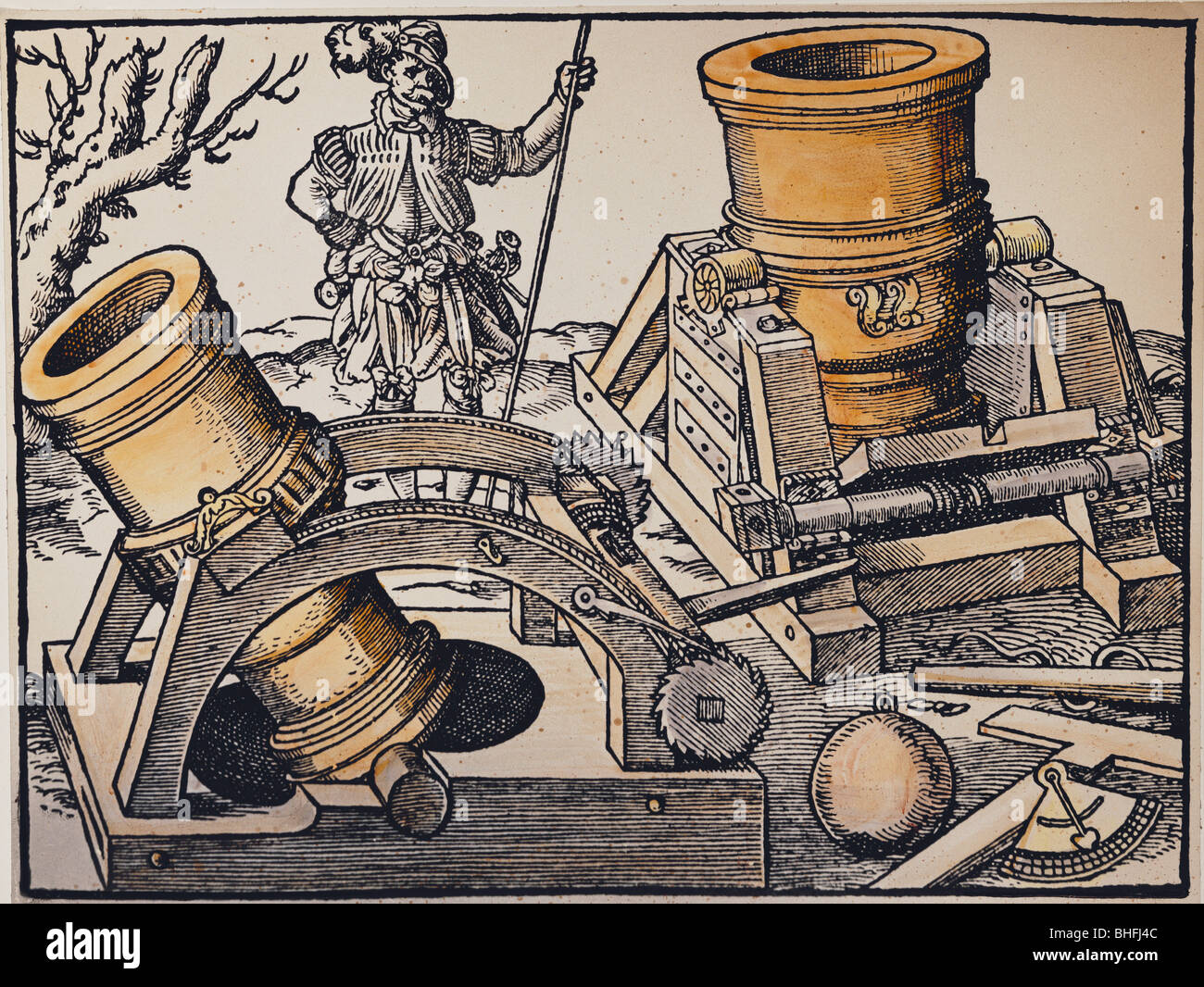 military, artillery, mortars, coloured woodcut by Tobias Stimmer ...