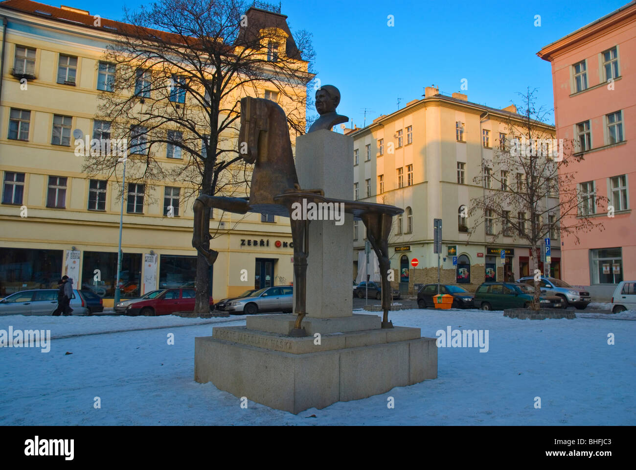 Prokopovo namesti with Jaroslav Hasek equestrian statue Zizkov Prague ...