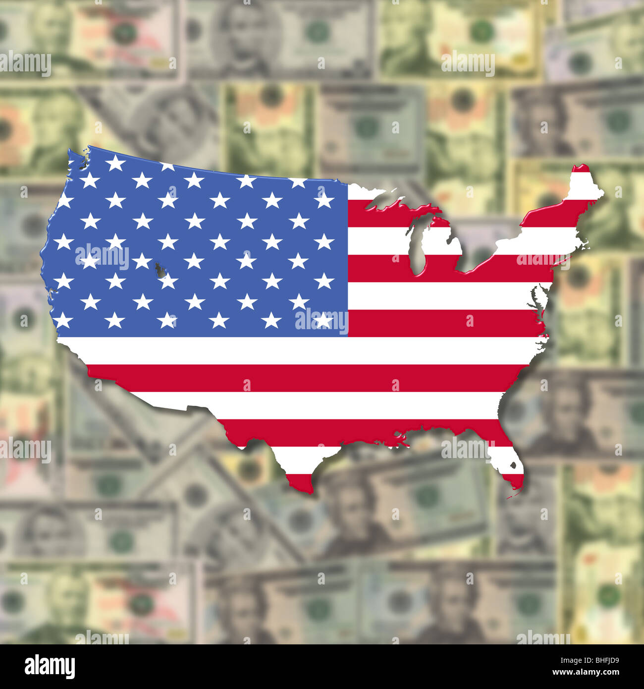 USA Map flag on blurred American dollars illustration Stock Photo - Alamy