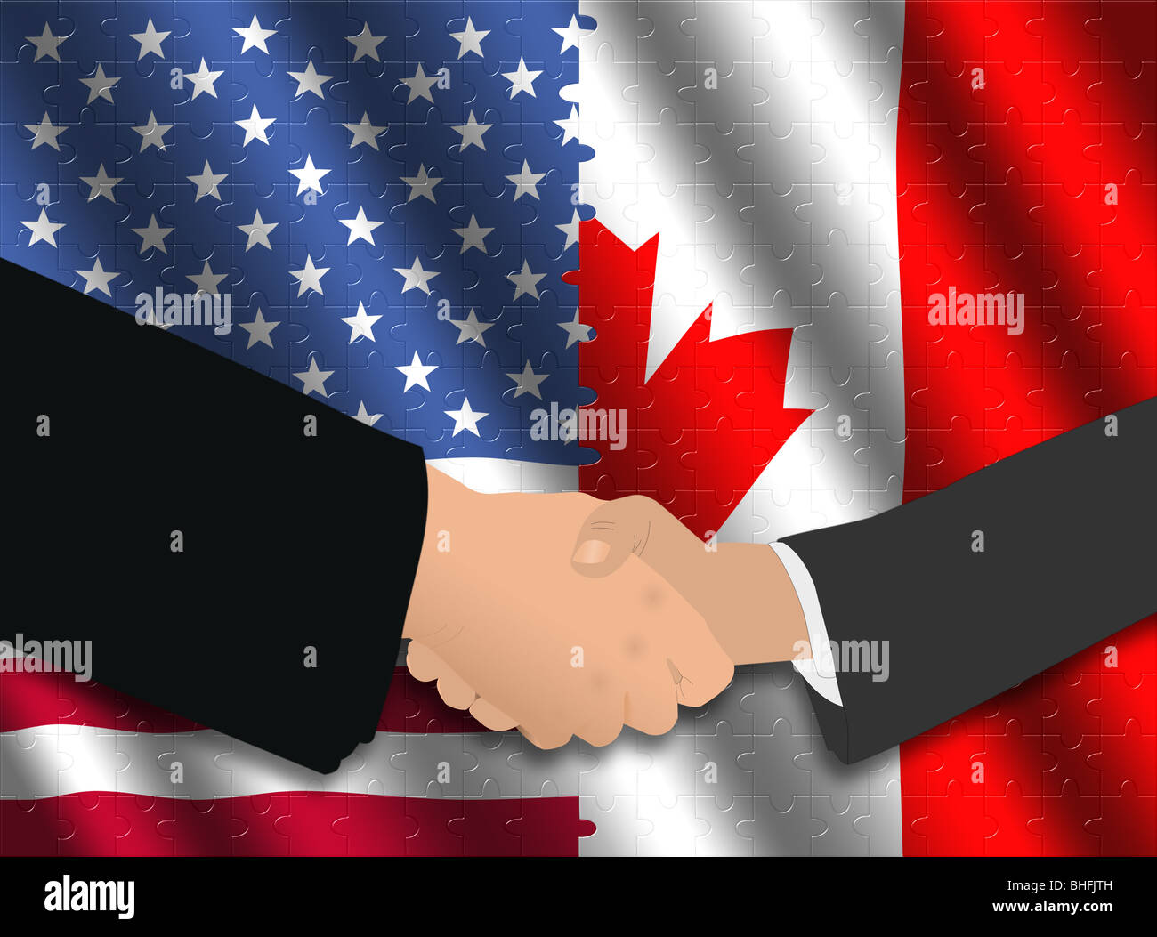 Handshake over American and Canadian flags with jigsaw effect ...