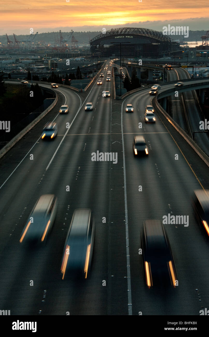 From the 12th Street Bridge in Seattle, Washington, commuter traffic ...