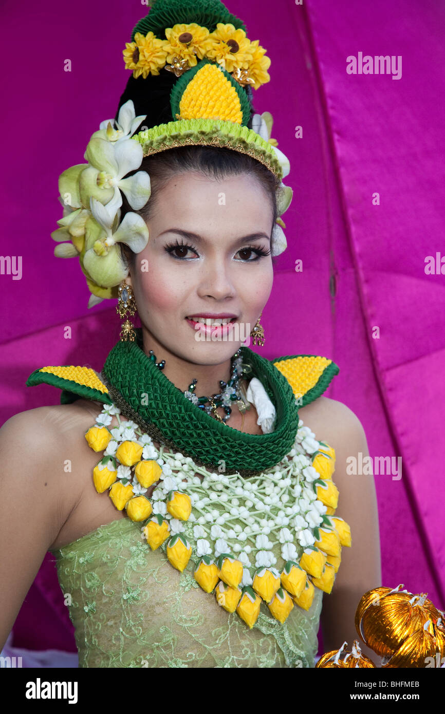 Flower display, Asian woman portrait floral art gaily decorated ...