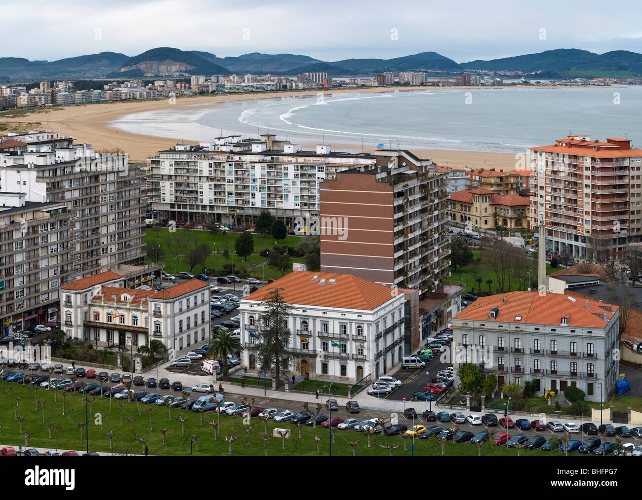 Aerial view of the beach and public buildings of the village of Laredo ...