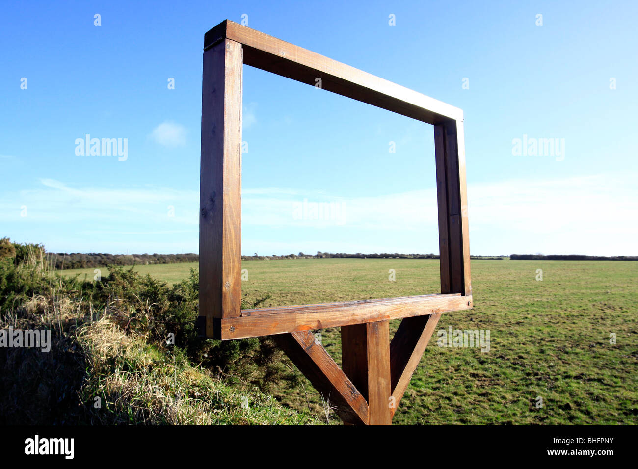 Wooden Sign frame framing a rural field Cornwall UK Stock Photo - Alamy