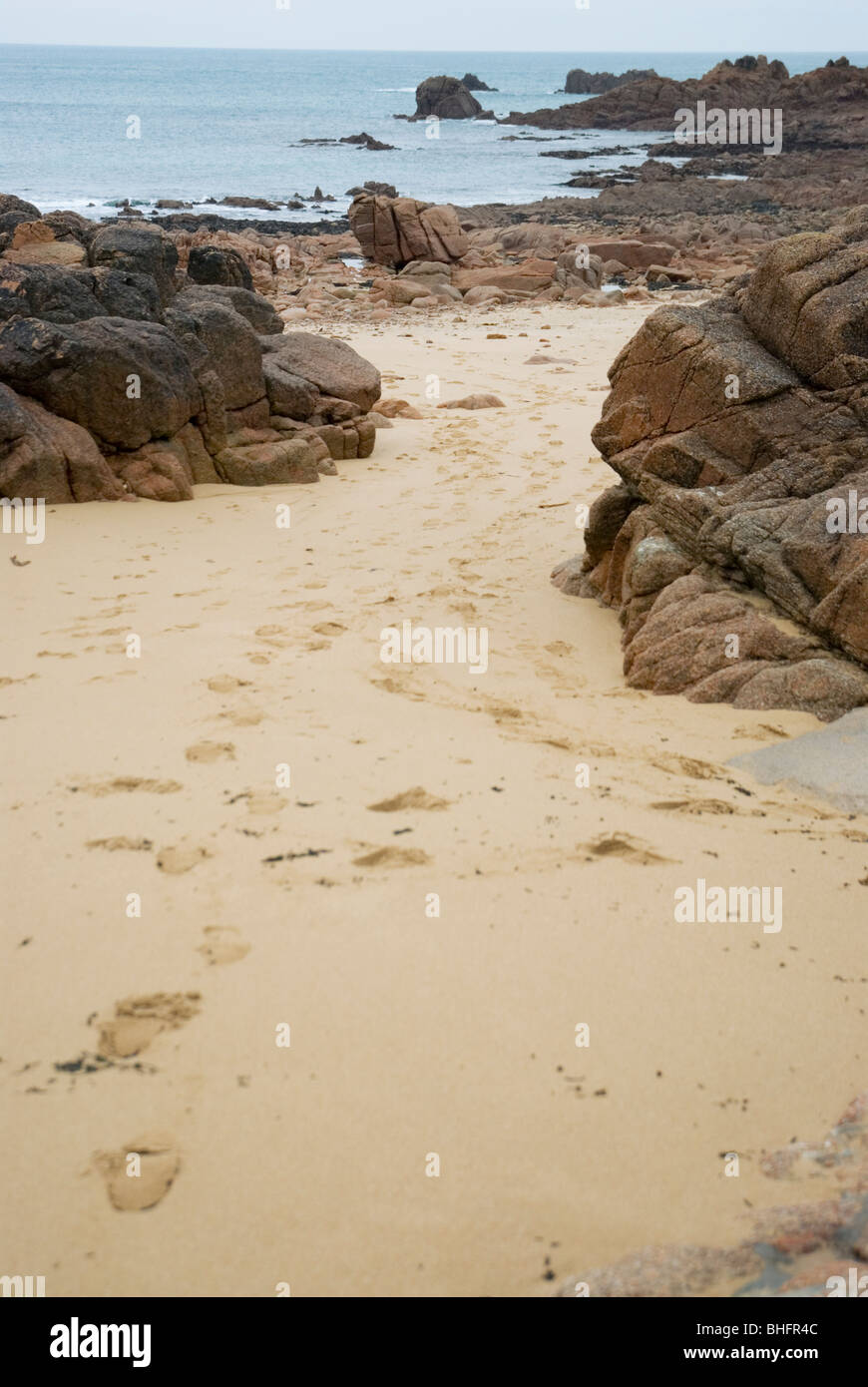 footprints in sand, beach in Jersey, British Channel Islands Stock ...
