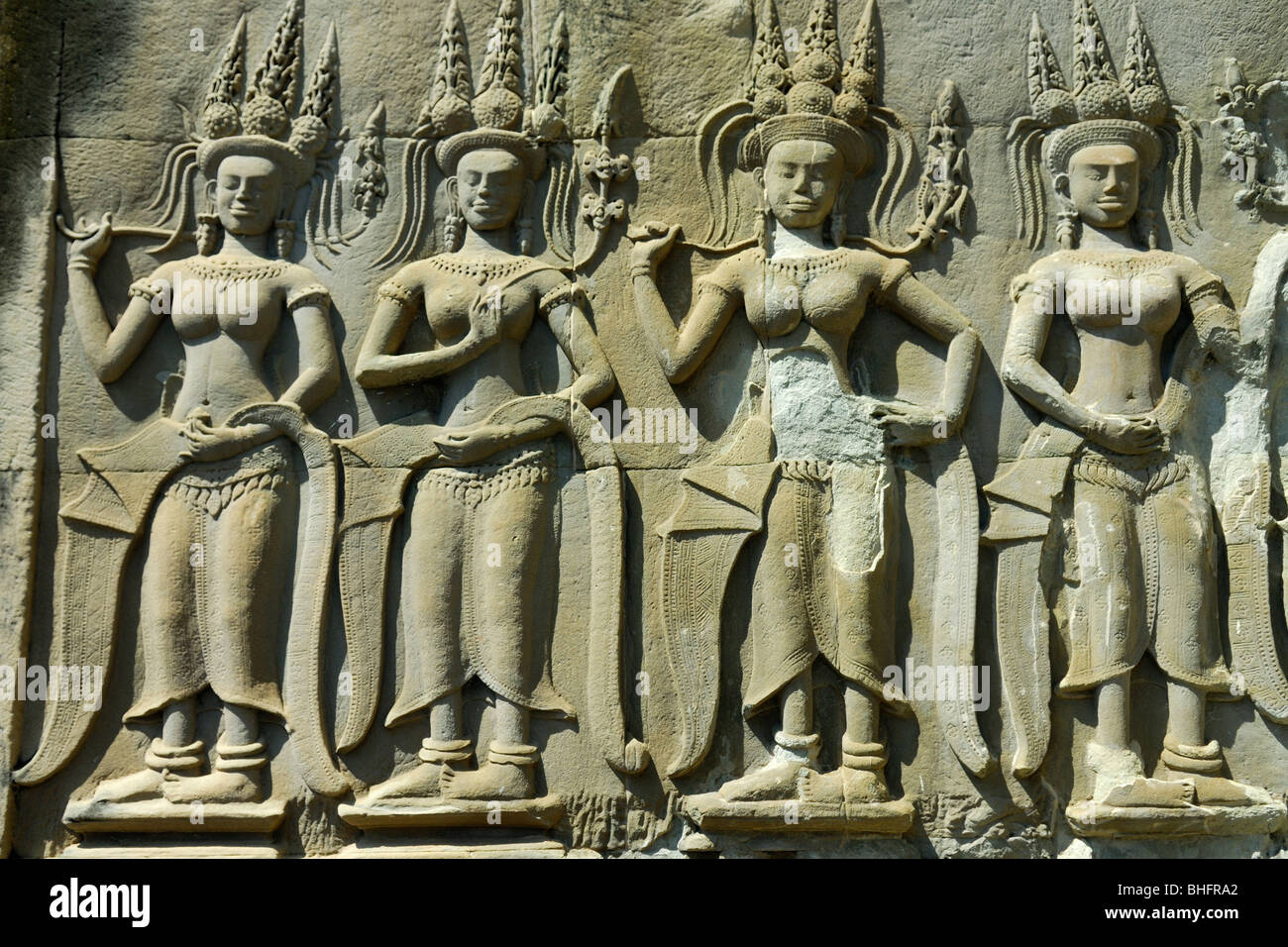 Celestial maidens wall carvings or apsaras, Angkor Wat temple complex ...